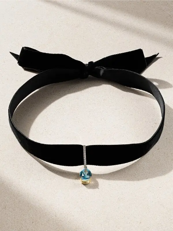 Mateo 14-karat Gold, Velvet, Topaz And Diamond Choker - Black