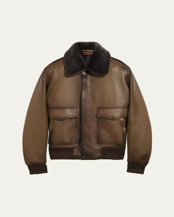 Berluti Leather Bomber Jacket With Shearling Collar