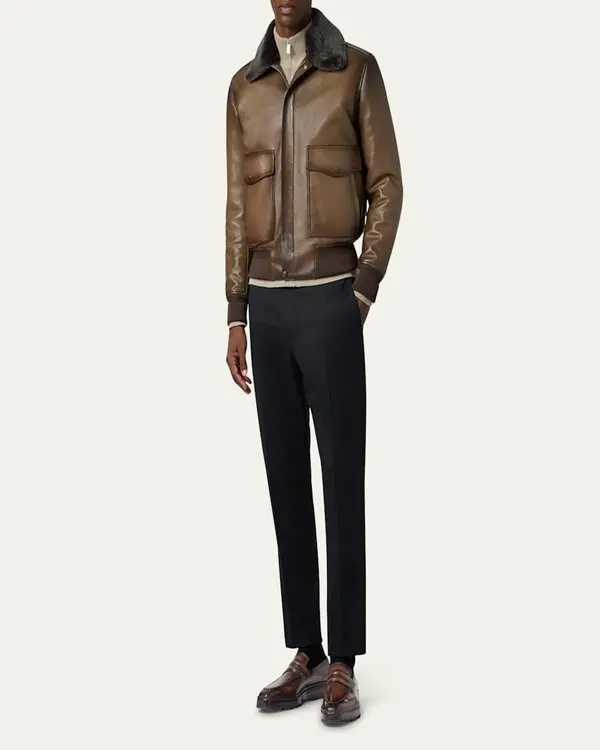 Berluti Leather Bomber Jacket With Shearling Collar