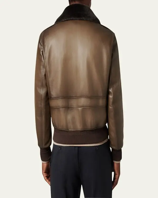 Berluti Leather Bomber Jacket With Shearling Collar