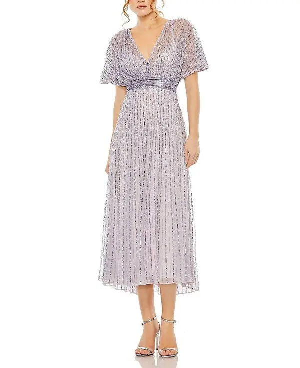 Mac Duggal Embellished Short Sleeve Dress - Lavender