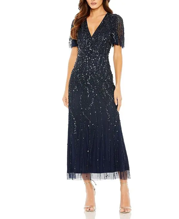 Mac Duggal Beaded Wrap Column Dress