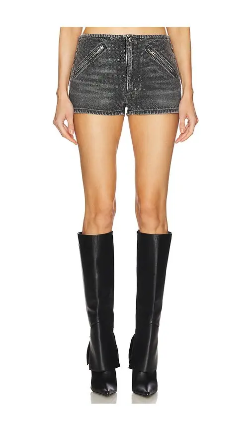 Alexander Wang Moto Embellished Denim Shorts - Black Crackle Grey