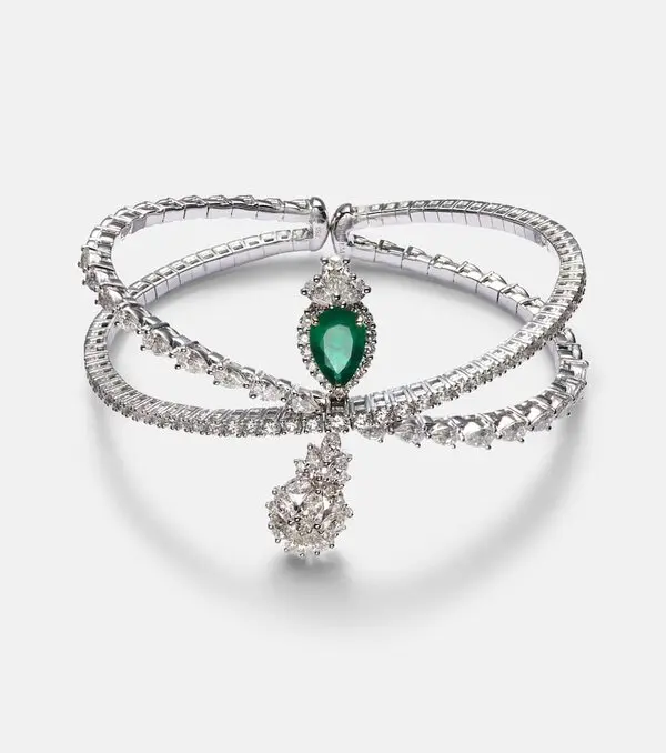 Yeprem Reign Supreme 18k White Gold Bangle With Diamonds And Emerald - Silver