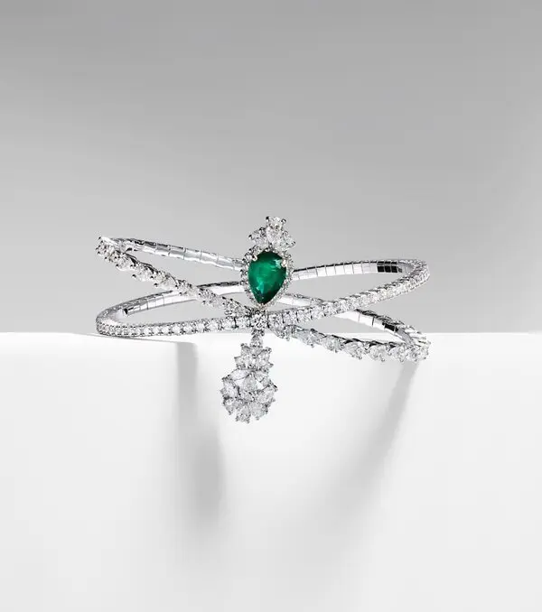 Yeprem 18kt White Gold Diamond And Emerald Bangle
