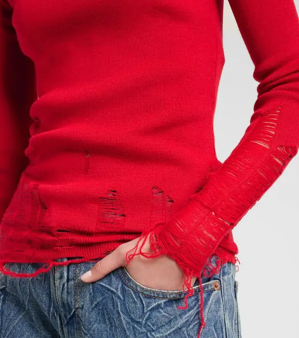 MAISON MARGIELA Distressed Wool-blend Turtleneck Sweater - Red