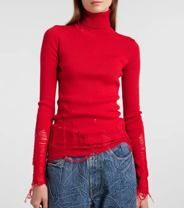 MAISON MARGIELA Distressed Wool-blend Turtleneck Sweater - Red