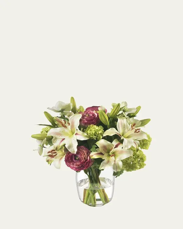 DIANE JAMES Lilies, Ranunculus, And Snowballs 16" Faux Floral Arranget In Glass Vase - One-color