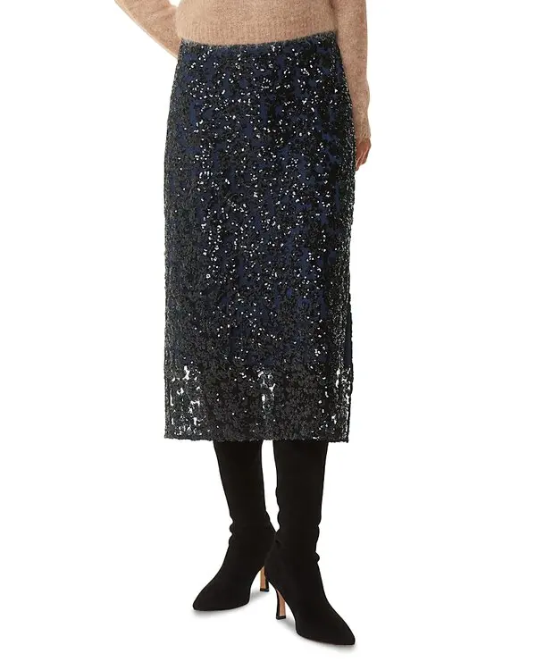 Whistles Floral Sequined Midi Skirt - Black/multi