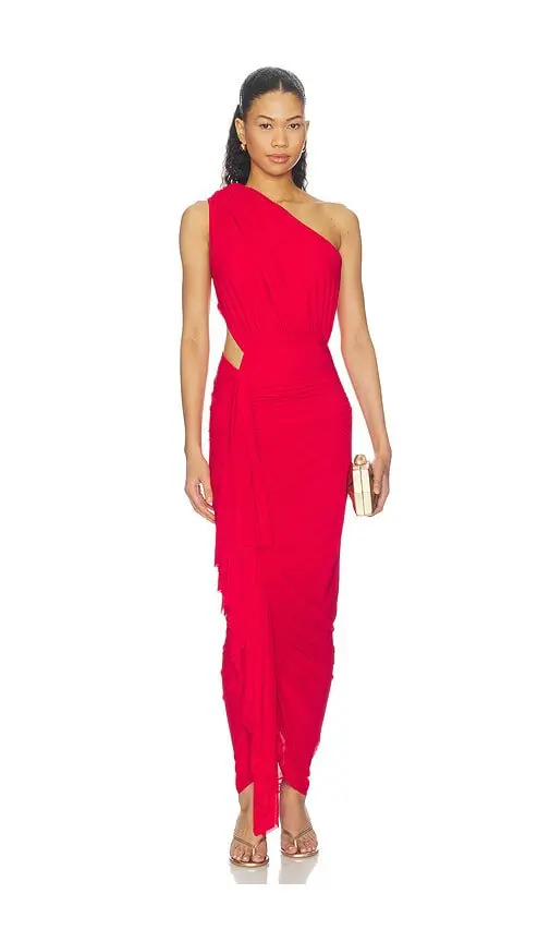 Superdown One Shoulder Draped Midi Dress With Cut Out Detail - Fire Red