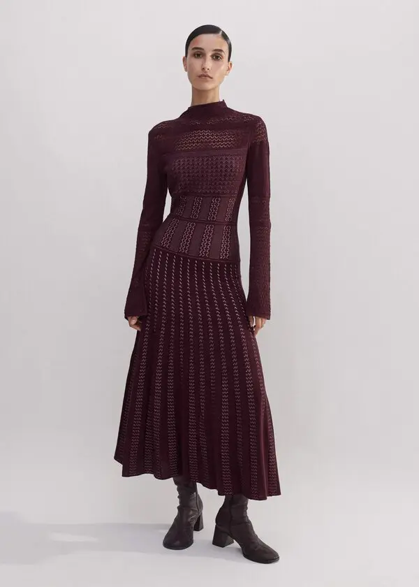 ME+EM Pointelle Knit Midi Dress - Burgundy/pink
