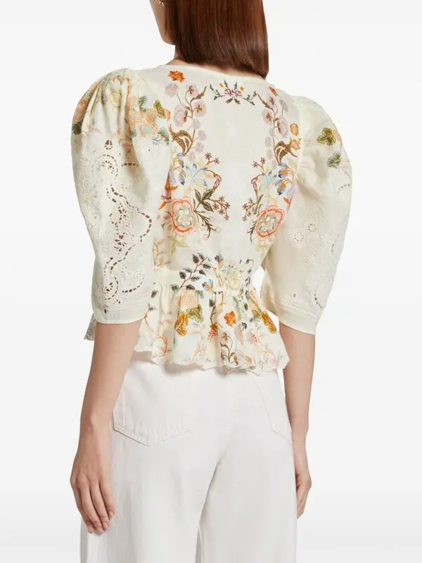 Camilla Floral-embroidered Linen Top