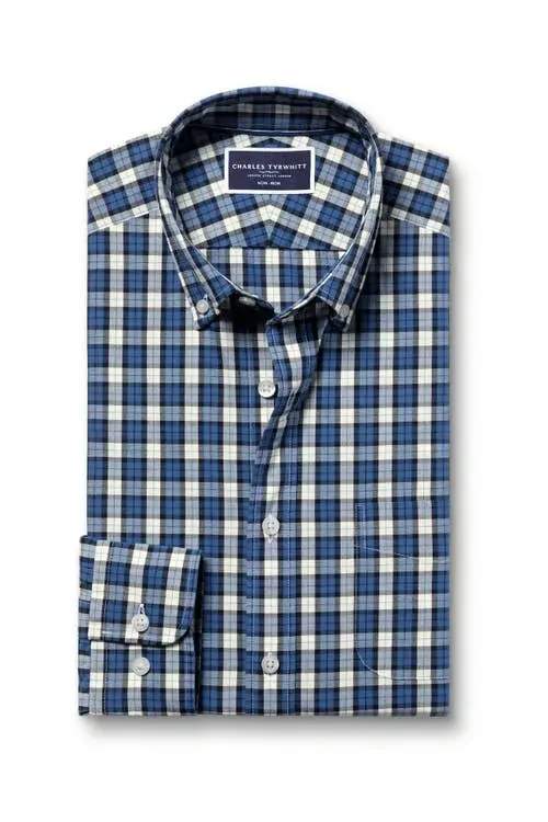 CHARLES TYRWHITT Slim Fit Plaid Check Non-iron Stretch Poplin Shirt - Ocean Blue