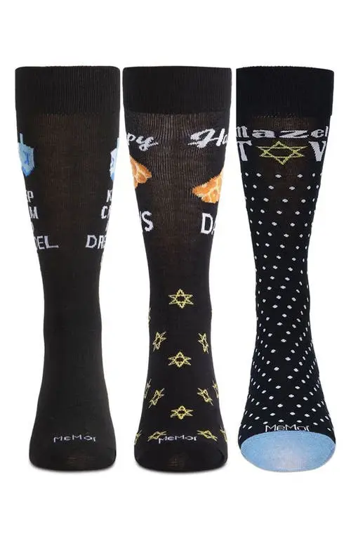 MEMOI Assorted Hannukah Crew Socks 3 Pack - Black