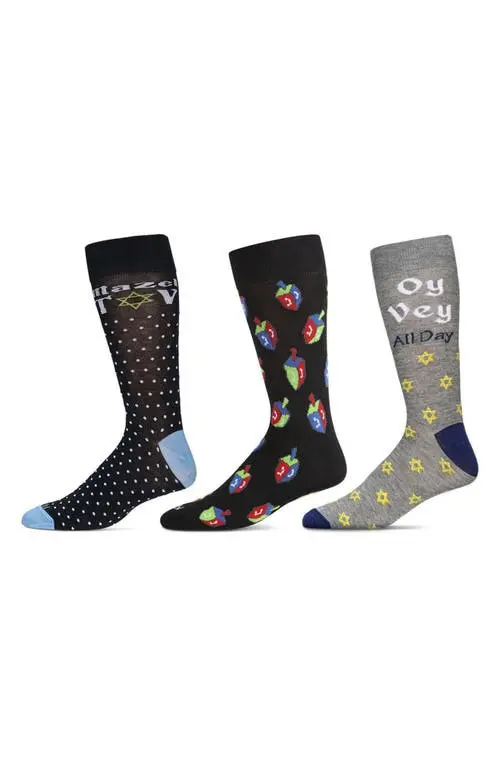 MEMOI Assorted Hannukah Crew Socks 3 Pack - Grey