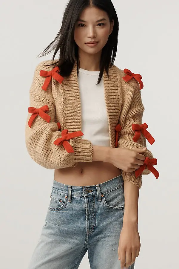 Maeve Alicia 3d Bow Crop Cardigan Sweater - Tan