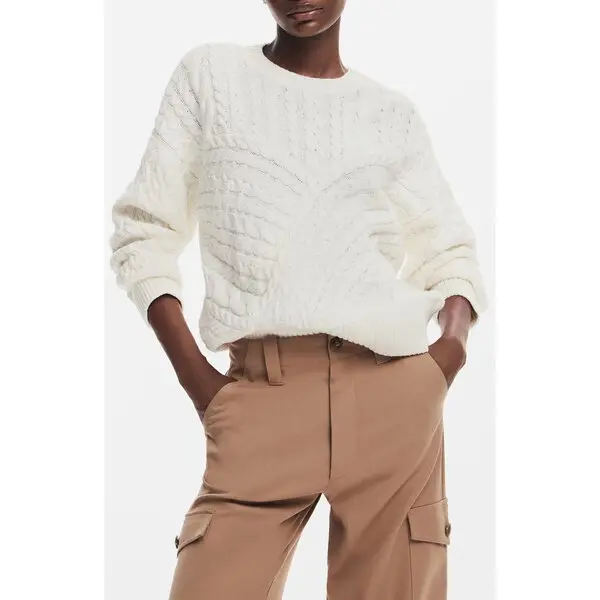 Desigual Exeter Cable Crewneck Sweater - White