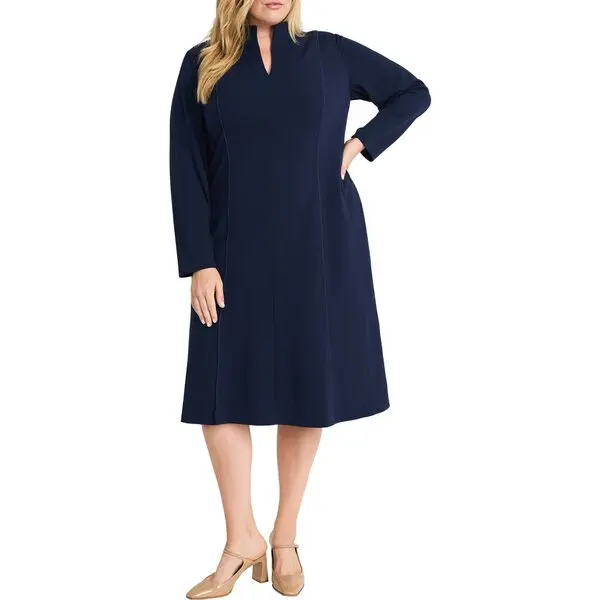 Maggy London Split Neck Long Sleeve Midi Dress In Navy Blazer - 55% Off |  Editorialist