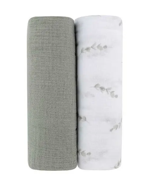 ELY'S & CO. Cotton Muslin Swaddle Blanket 2 Pack - Eucalyptus Print/solid Sage