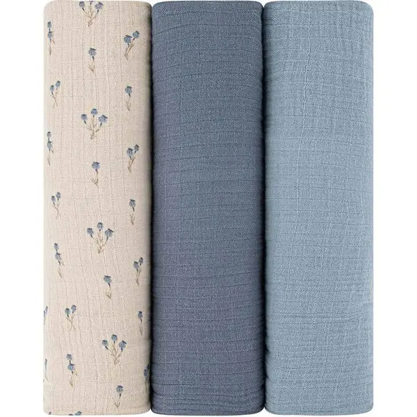 ELY'S & CO. Cotton Muslin Swaddle Blanket 3 Pack - Blue Bluebell