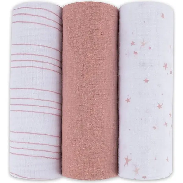 ELY'S & CO. Cotton Muslin Swaddle Blanket 3 Pack - Dusty Rose Stars