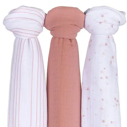 ELY'S & CO. Cotton Muslin Swaddle Blanket 3 Pack - Dusty Rose Stars