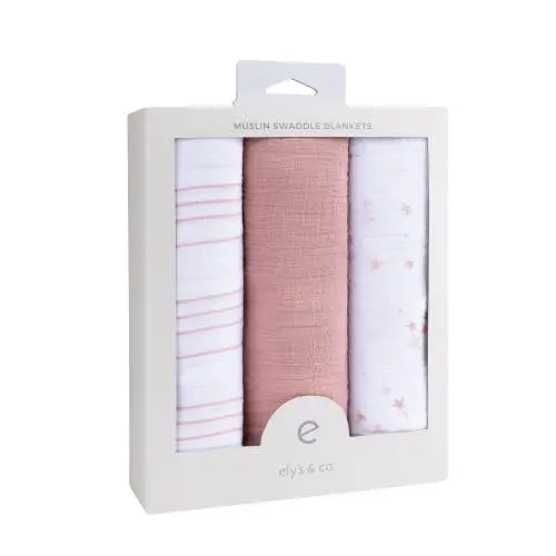 ELY'S & CO. Cotton Muslin Swaddle Blanket 3 Pack - Dusty Rose Stars