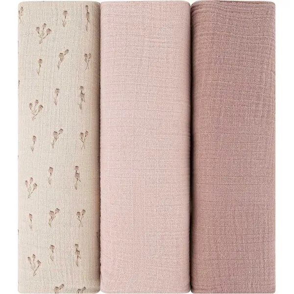 ELY'S & CO. Cotton Muslin Swaddle Blanket 3 Pack - Mauve Bluebell