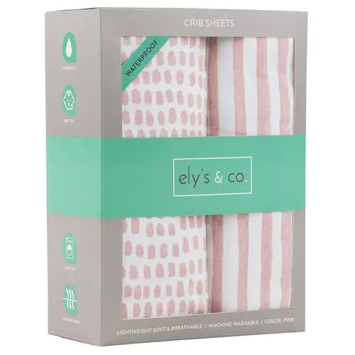 ELY'S & CO. Baby Fitted Waterproof Crib Sheet Set 2 Pack - Mauve Stripes & Splash