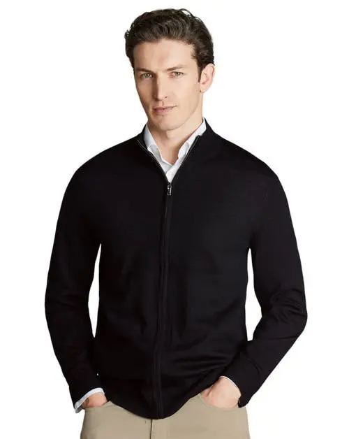 CHARLES TYRWHITT Pure Merino Full Zip Through Cardigan - Black