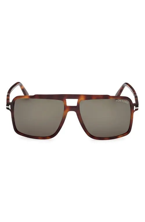 TOM FORD Kemp 59mm Navigator Sunglasses - Havana /t Logo /green Lenses