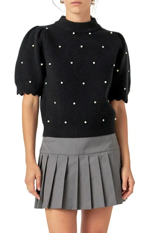 English Factory Embellished Short Sleeve Sweater - Black