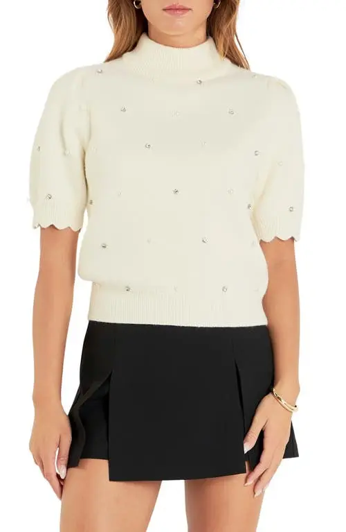 English Factory Embellished Short Sleeve Sweater - White