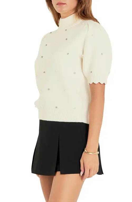 English Factory Embellished Short Sleeve Sweater - White