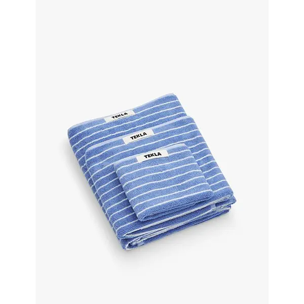 TEKLA Bordered Cotton Hand Towel 50cm X 80cm - Clear Blue Stripes