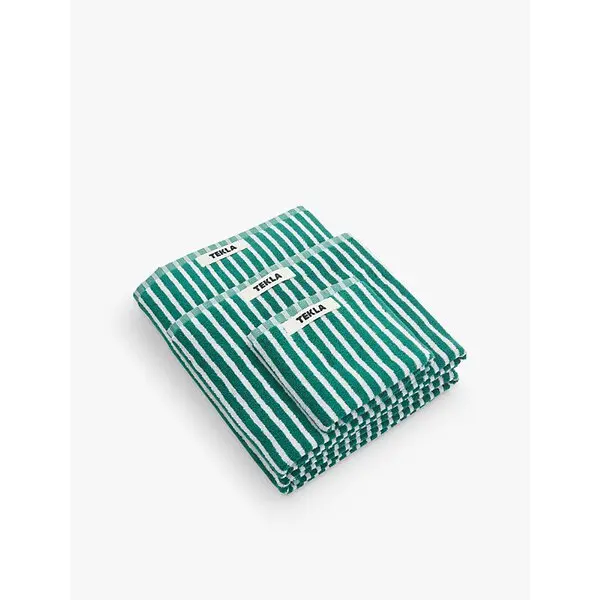 TEKLA Bordered Cotton Hand Towel 50cm X 80cm - Teal Green Stripes