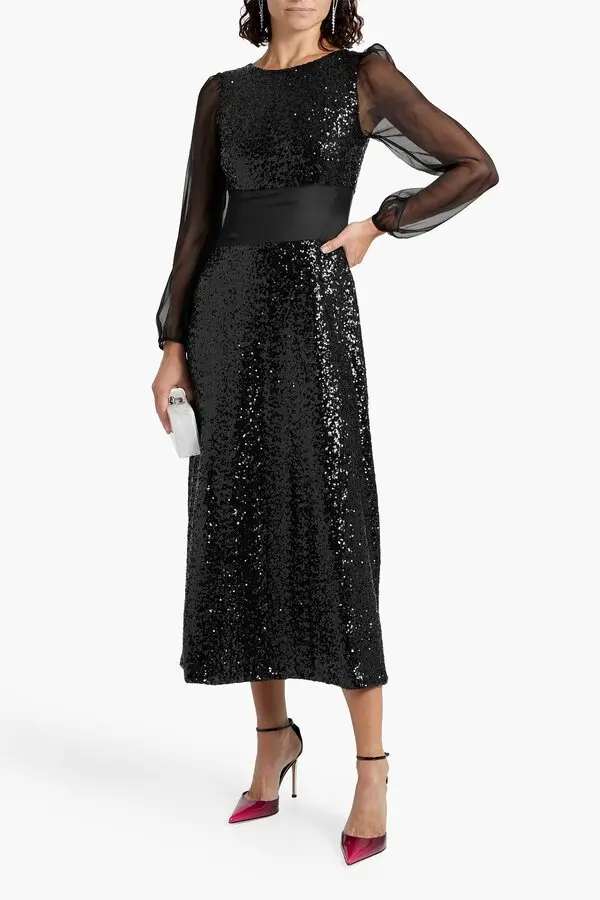 HVN Bianca Sequin-embellished Chiffon Midi Dress