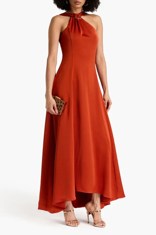 Halston Embellished Draped Satin Gown - Tan