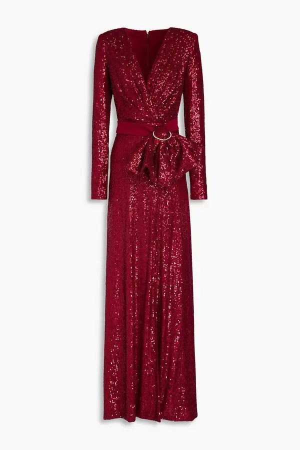 RHEA COSTA Belted Sequined Tulle Gown