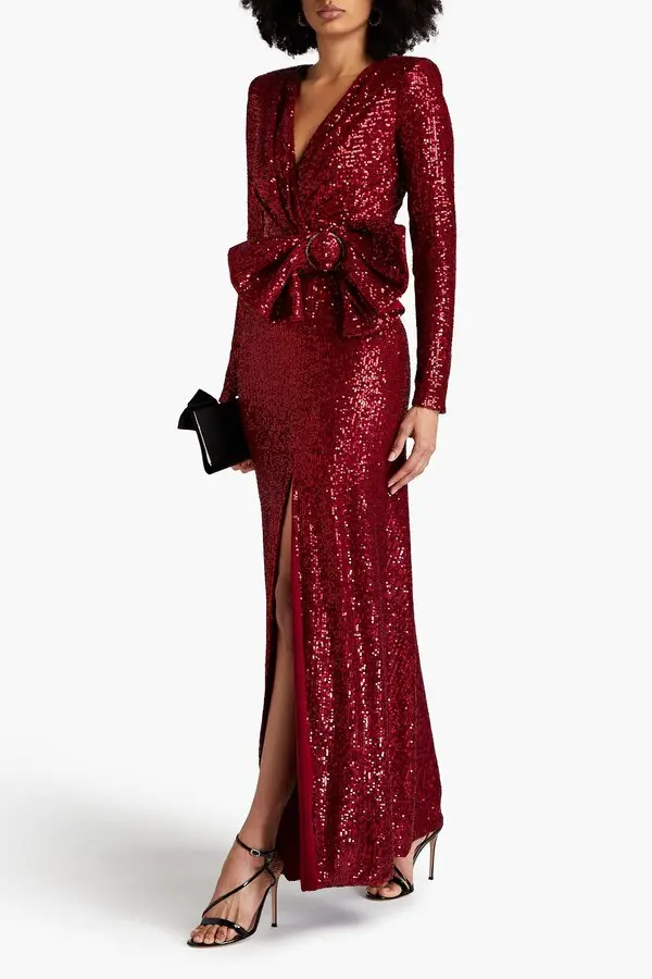 RHEA COSTA Belted Sequined Tulle Gown