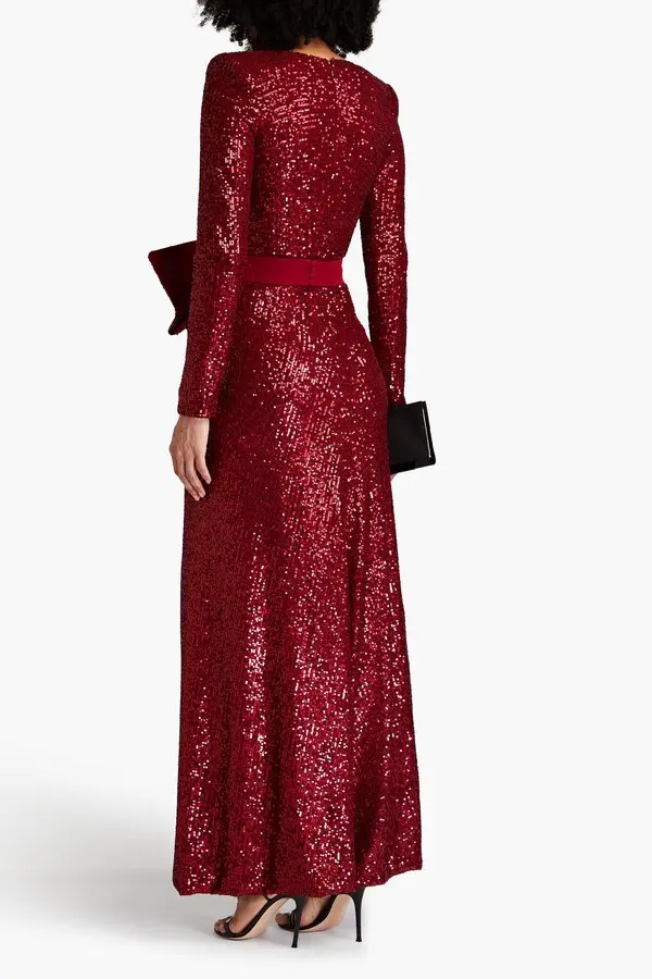 RHEA COSTA Belted Sequined Tulle Gown