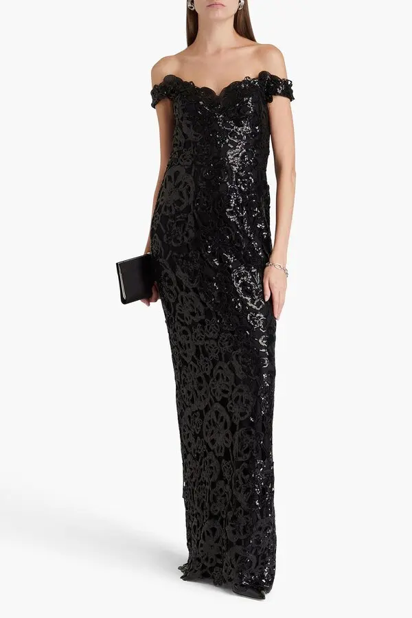 Marchesa Off-The-Shoulder Sequined Guipure Lace Gown In Black - 50% Off |  Editorialist