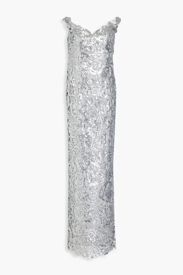 Marchesa Off-the-shoulder Sequined Guipure Lace Gown - Silver