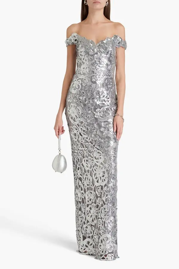 Marchesa Off-the-shoulder Sequined Guipure Lace Gown