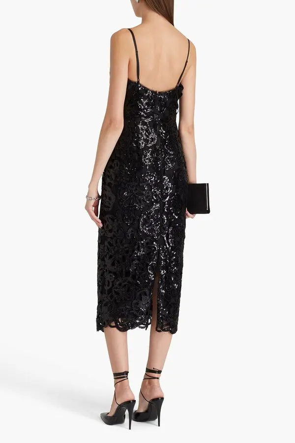 Marchesa Sequined Guipure Lace Midi Dress