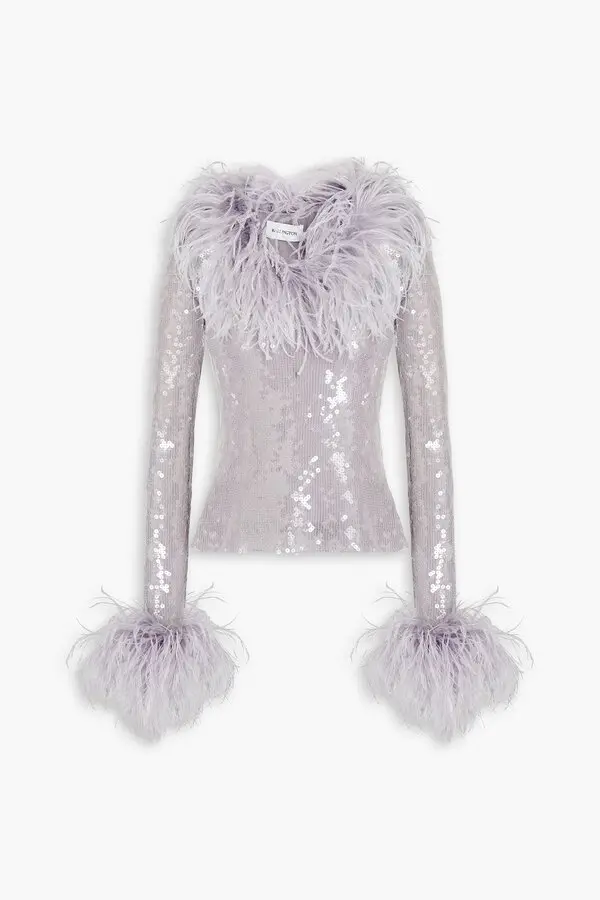 16Arlington Pendall Feather-embellished Sequined Mesh Top
