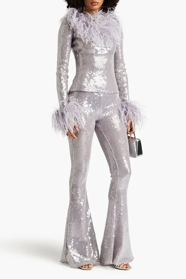 16Arlington Pendall Feather-embellished Sequined Mesh Top