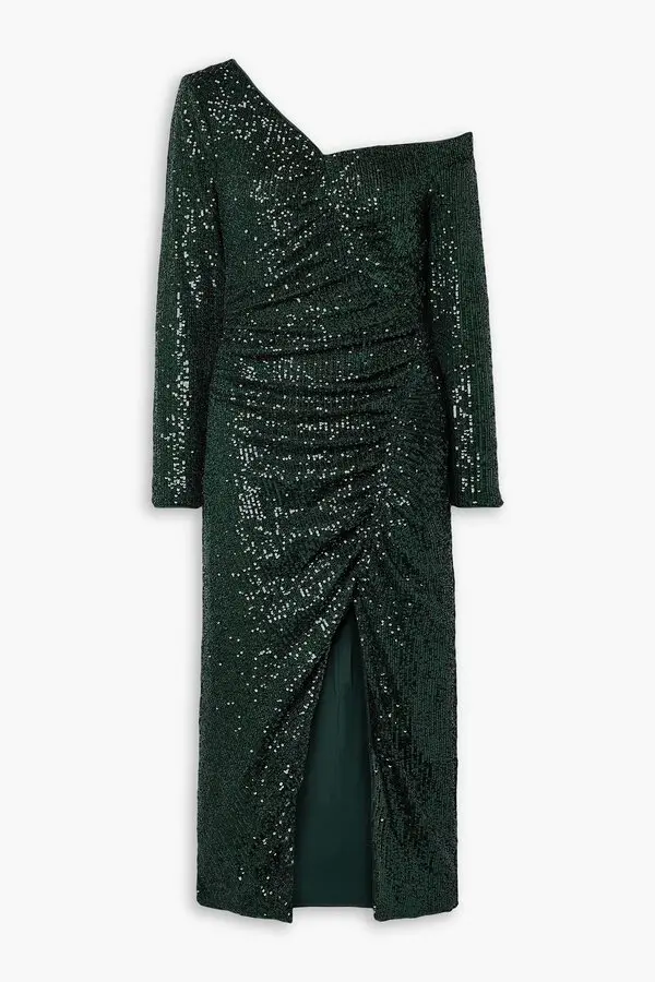 self portrait one shoulder sequin dress Self-Portrait One-Shoulder Sequined Midi Dress In Dark Green - 75% Off