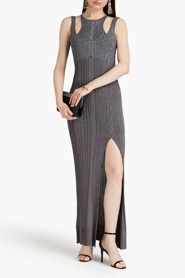 Herve Leger Cutout Metallic Ribbed-knit Gown