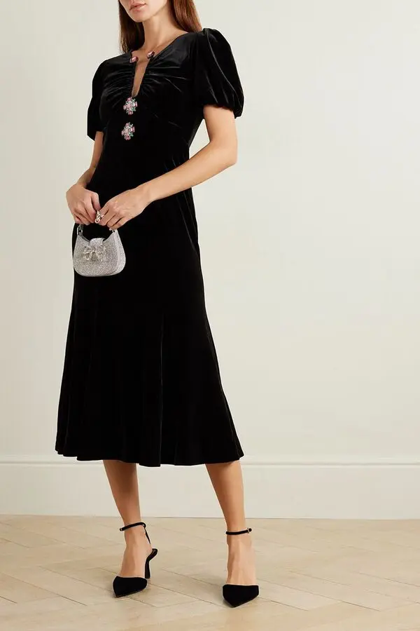 Self-Portrait Crystal-Embellished Gathered Velvet Midi Dress In Black - 55%  Off | Editorialist
